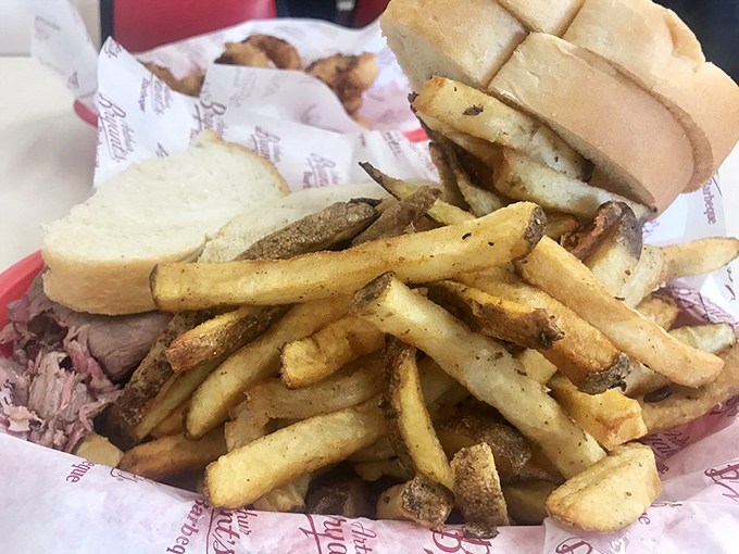The perfect barbecue trifecta—meat, bread, and fries. Simple pleasures that remind us why we evolved taste buds in the first place.