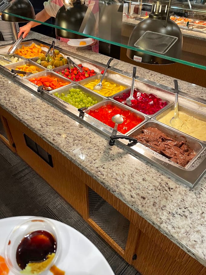 The fruit bar offers a rainbow of options for those virtuous moments between plates of crab legs and trips to the chocolate fountain.