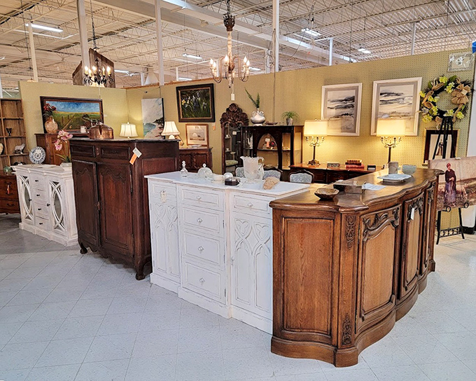 Furniture that outlasted its original owners stands ready for its next chapter. That curved cabinet has more character than most TV shows.