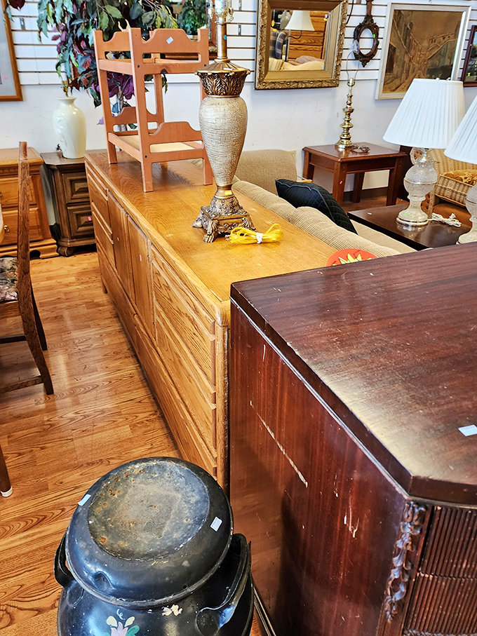 Solid wood furniture with character lines (others call them scratches) awaits your appreciation. That oak dresser has stories to tell and storage to offer.