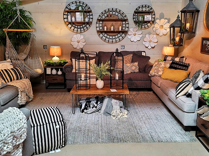 Not just furniture&mdash;conversation pieces. This cozy living room display makes you want to cancel all appointments and settle in with a good book forever.