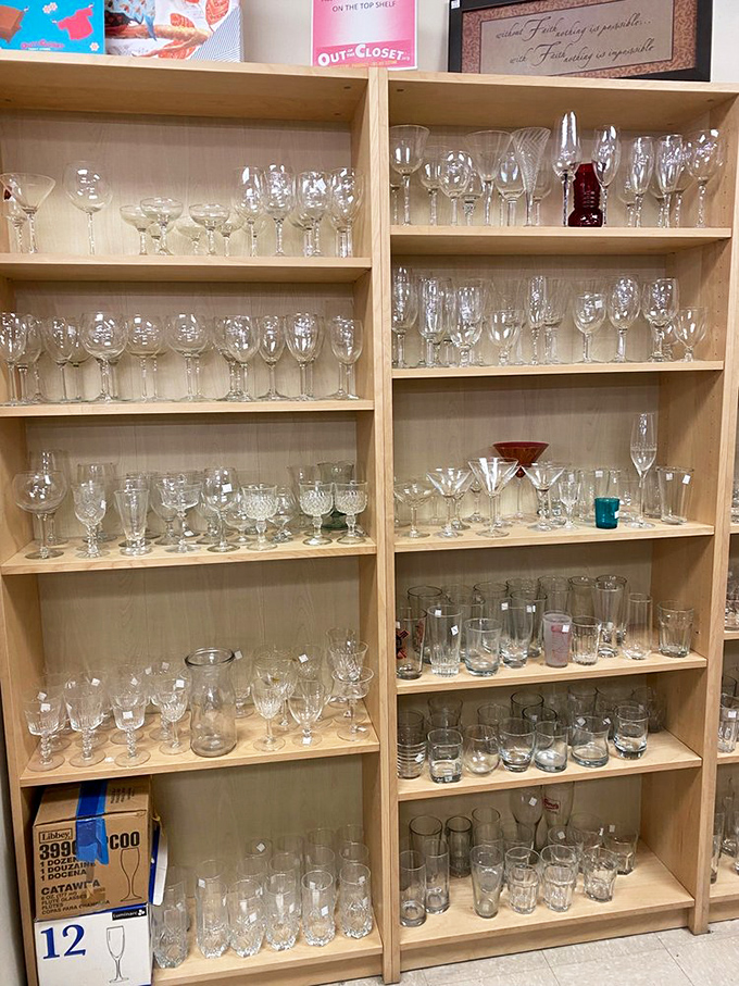 Crystal, glass, and possibilities line these shelves. Someone's "no longer sparks joy" becomes your dining table's new best friend.