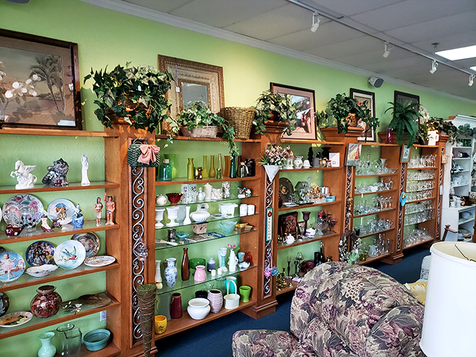 Delicate treasures from bygone eras share shelf space with practical finds. That blue and white bowl has stories to tell.