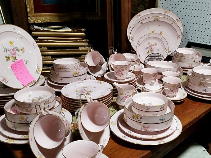 Delicate pink china that survived decades waits for someone to resurrect Sunday dinners and proper tea parties where gossip flows as freely as Earl Grey.