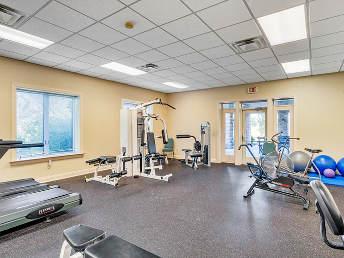 A fitness center where nobody judges your workout outfit or asks how much you bench. The real heavy lifting here is deciding between exercise and afternoon nap.