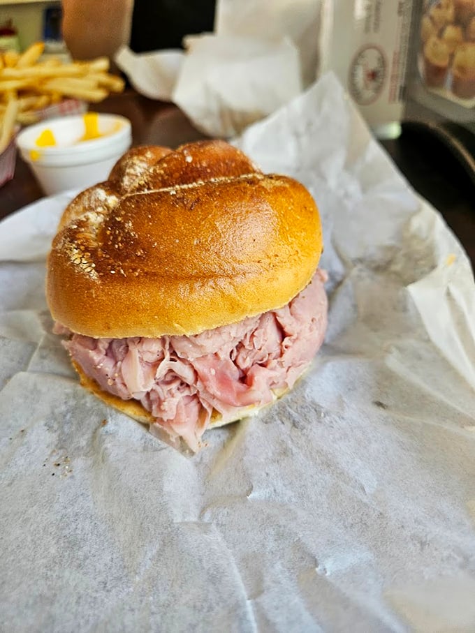 Ham piled higher than your weekend to-do list. This sandwich isn't messing around—it's serious about satisfying your hunger without any unnecessary theatrics.