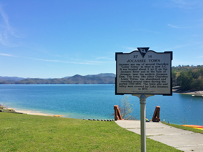 History meets scenery: This marker tells the bittersweet story of Jocassee Town, now sleeping beneath the waters that draw thousands of visitors annually.