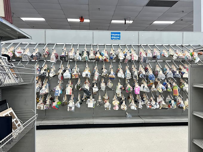 It's raining tiny figurines! This wall display showcases the store's impressive collection of miniature knick-knacks that somehow multiply in everyone's homes.