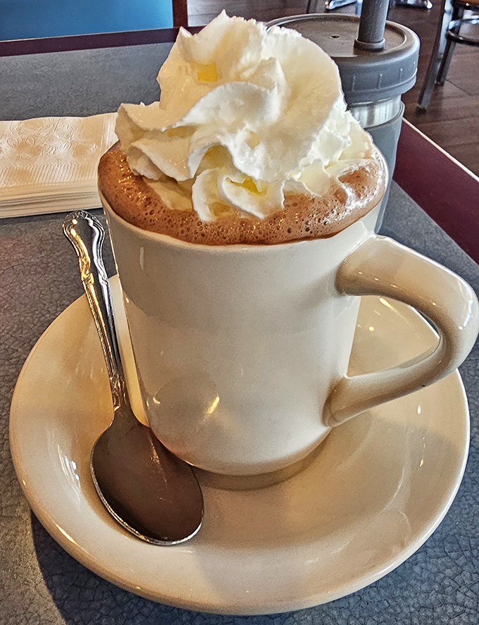 Hot chocolate crowned with whipped cream towers creates the ultimate comfort drink for souls seeking liquid happiness.