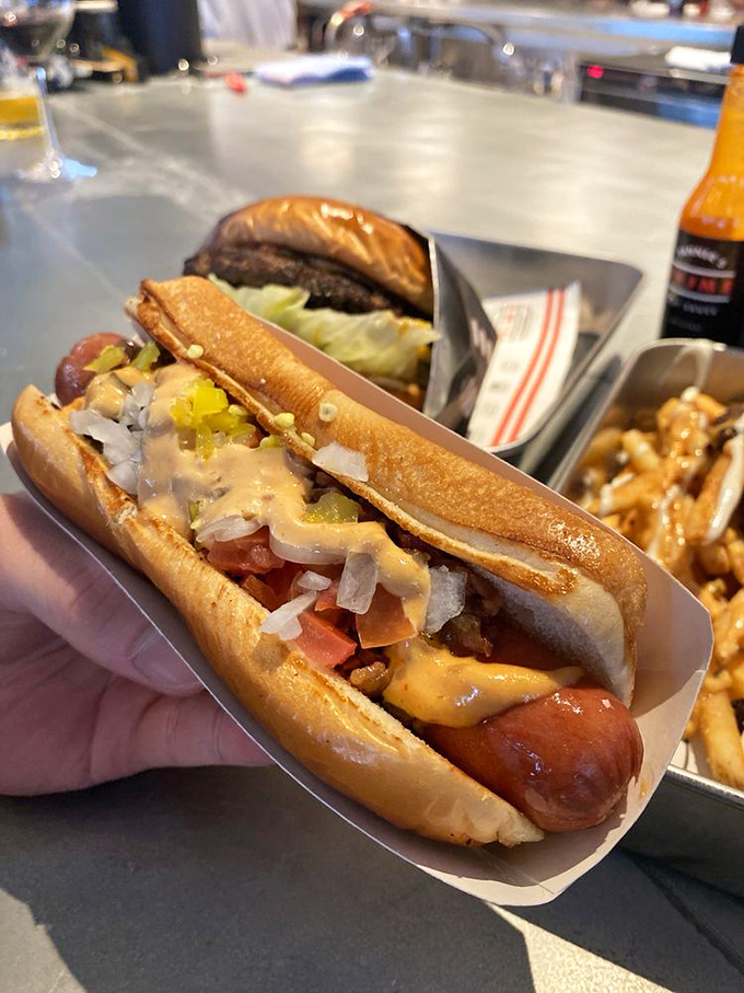 This isn't just a hot dog&mdash;it's a beef hot dog elevated to gourmet status with toppings that make ketchup and mustard seem like distant relatives.