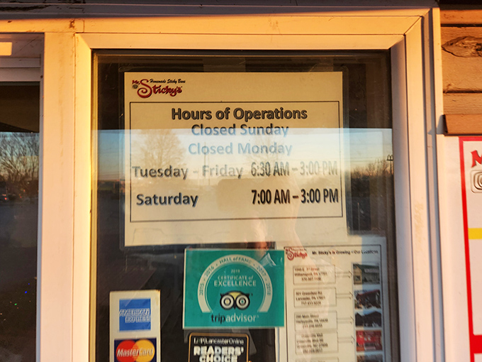Hours of operation that should be committed to memory. Nothing worse than arriving with sticky bun dreams only to find closed doors.