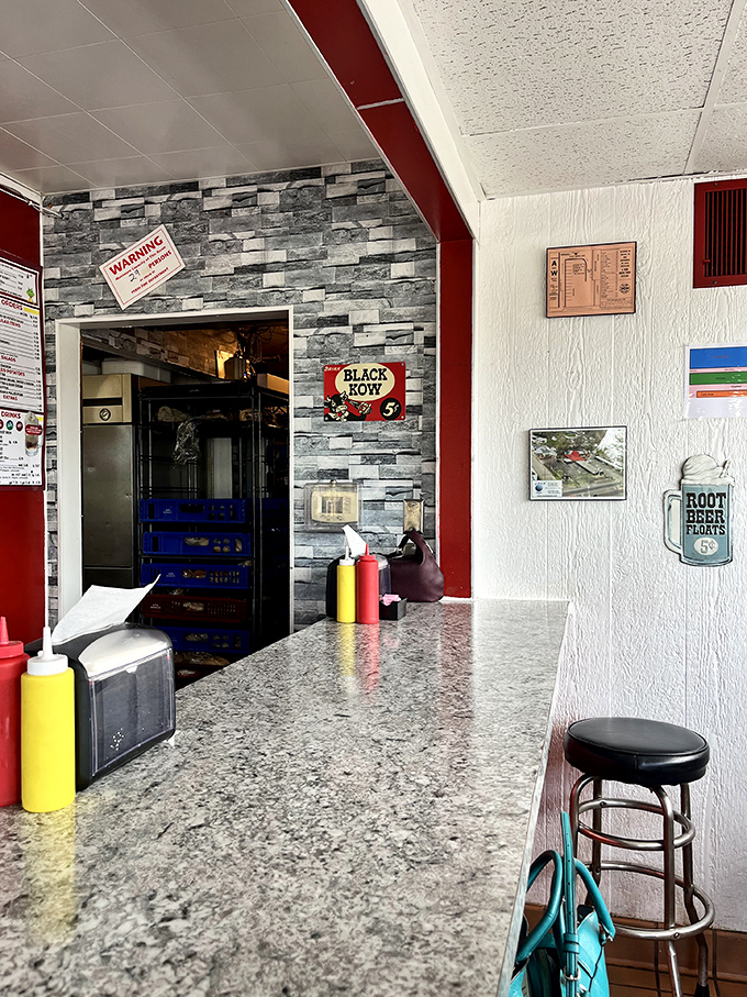 The granite counter tells stories of countless elbows and countless meals. Those squeeze bottles stand ready like soldiers prepared for condiment duty.