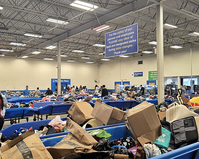 The warehouse wonderland where $40 can furnish an apartment. Those cardboard boxes might contain anything from kitchenware to vintage vinyl.
