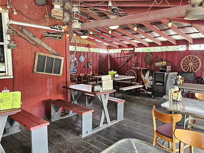 The rustic interior blends weathered wood with eclectic collectibles, creating an atmosphere that's both nostalgic and welcoming.