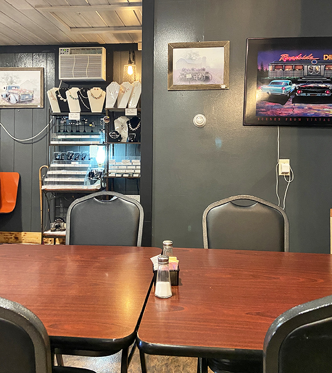 Every table tells a story, and the vintage car memorabilia on the walls suggests it might involve a '57 Chevy and a first date.