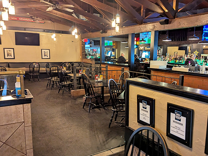 The dining room balances rustic charm with modern comfort &ndash; where exposed beams meet flat screens, and nobody's complaining.