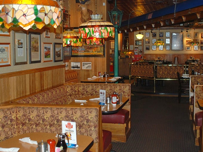 The dining room's warm ambiance, with its cozy booths and stained glass lighting, makes even first-time visitors feel like they've come home.