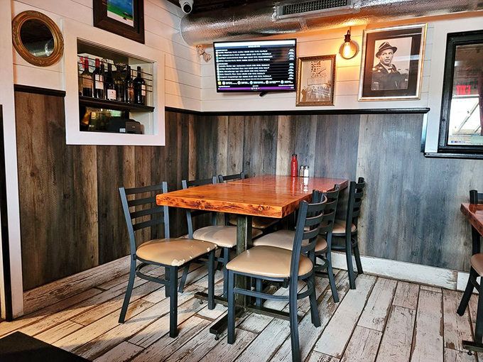 Rustic wood paneling and thoughtfully arranged seating create dining nooks that feel like you've discovered your own private corner of deliciousness.