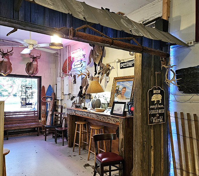 Mounted fish, hunting trophies, and weathered wood&mdash;this isn't d&eacute;cor, it's biography. Every item tells a chapter of McClellanville's coastal story.