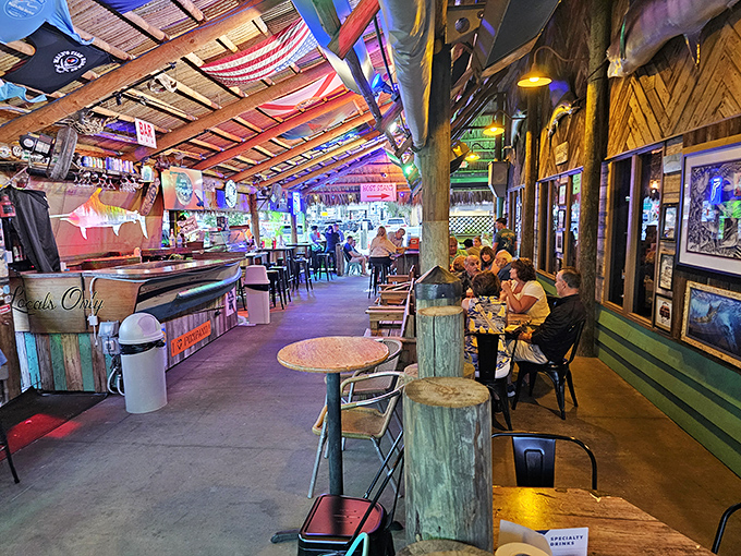 The tiki bar vibes are strong here, like Jimmy Buffett designed a seafood restaurant in the best possible way.