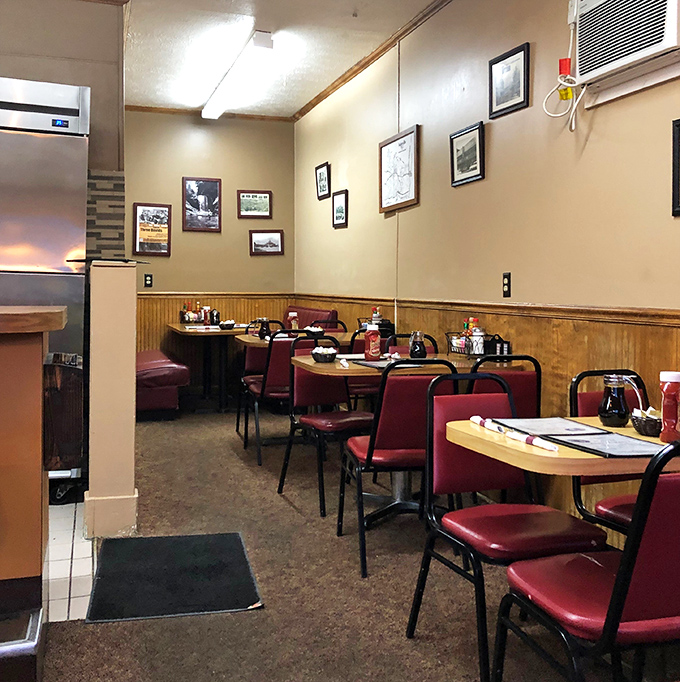 Red chairs and wood paneling create that classic diner atmosphere where calories don't count and coffee refills are practically mandatory.