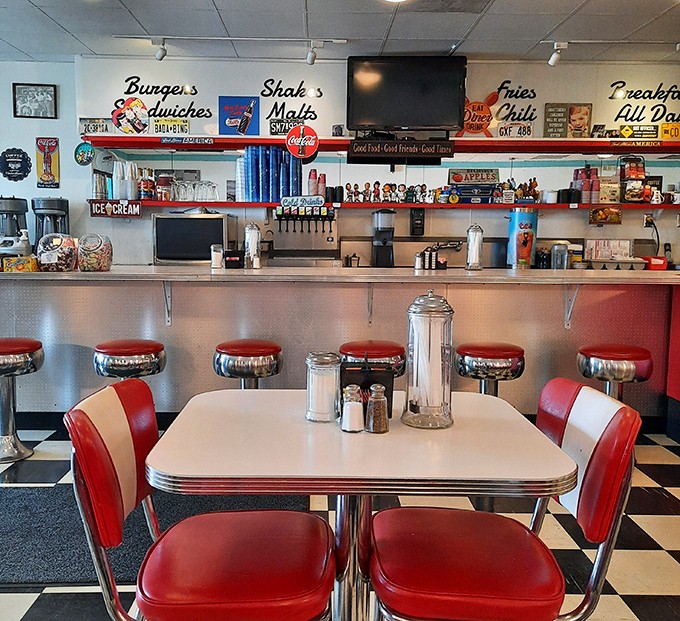 The counter and booth setup isn't retro by design&mdash;it's authentic by survival, a genuine slice of Americana that never went out of style.