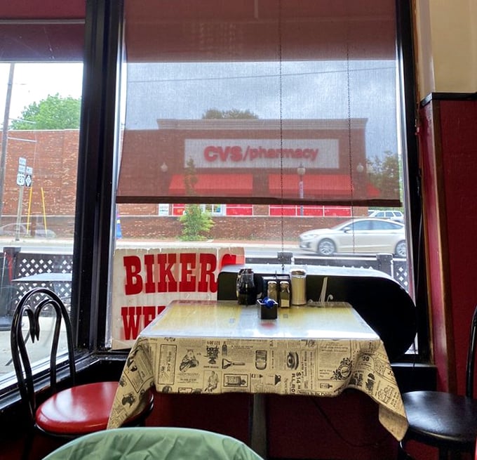 The view from inside reveals a slice of small-town America, where "Bikers Welcome" isn't just a sign, it's a philosophy.