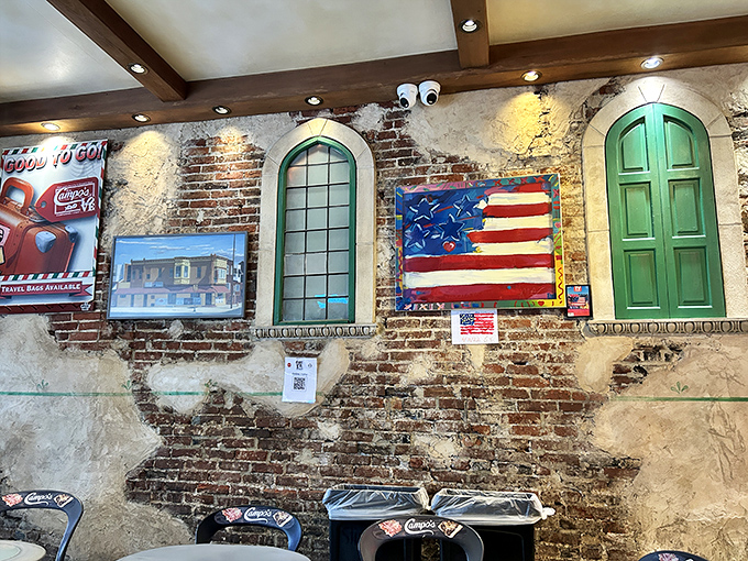 The patriotic decor reminds you that loving cheesesteaks is practically your constitutional right. Liberty, justice, and perfectly grilled onions for all.