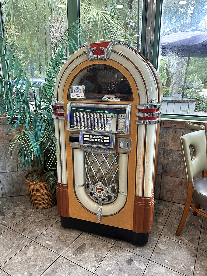 The vintage jukebox stands ready to provide the soundtrack to your meal&mdash;because pancakes taste better with a side of nostalgic tunes.