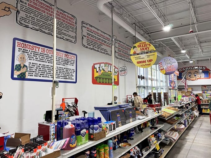 Signs proclaiming "Honesty is our only policy" hang above shelves where brand-name cleaning supplies await adoption by practical shoppers.