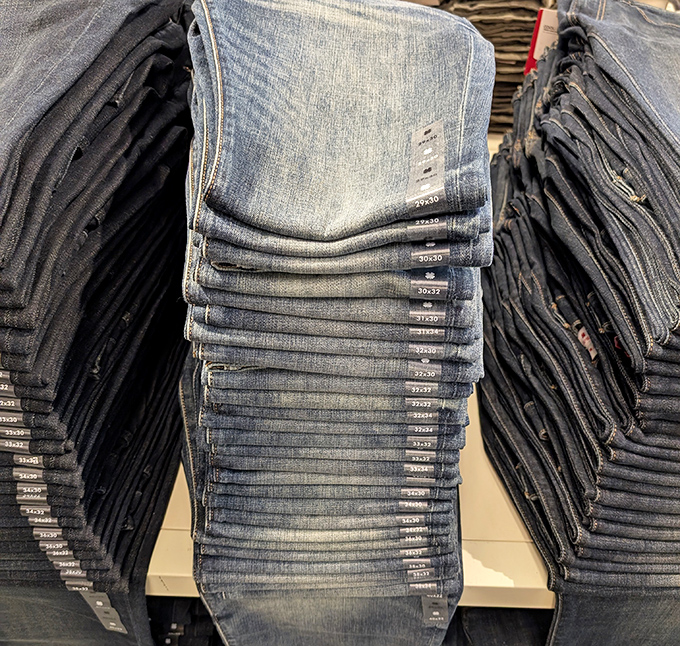 Denim stacks that would make any cowboy proud - jeans organized with precision that borders on pure art.