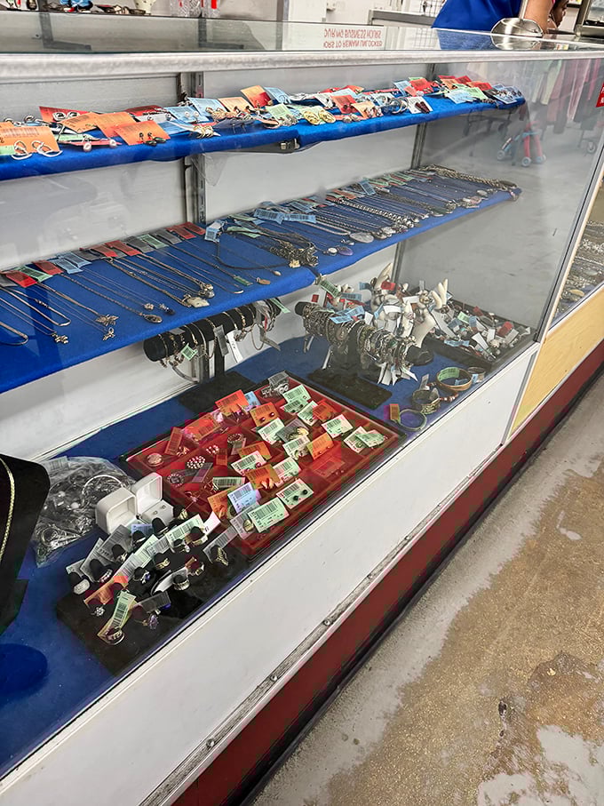 Jewelry under glass&mdash;yesterday's special occasion accessories waiting patiently for their next moment to shine.