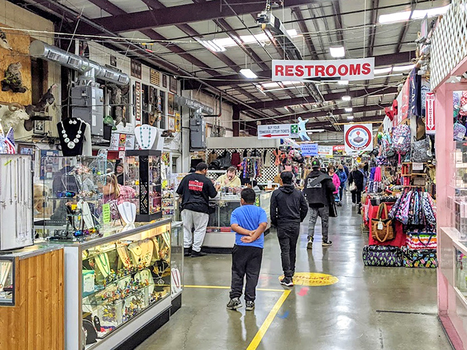 Jewelry cases sparkle under fluorescent lights, proving that treasure hunting doesn't require a metal detector after all.