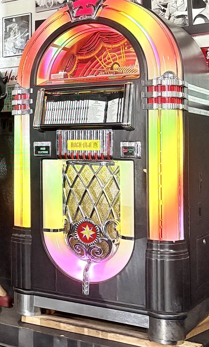 This isn't just a jukebox&mdash;it's a time portal glowing with neon nostalgia, ready to soundtrack your breakfast adventure with hits from yesteryear.