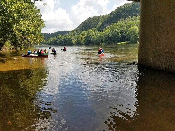 River traffic jam, Virginia-style. No honking horns, just the occasional splash and "sorry 'bout that" as kayaks navigate the gentle current.