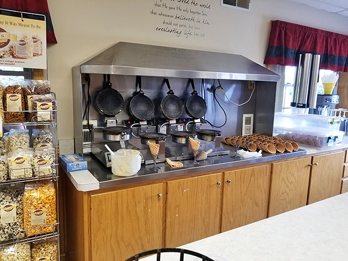 The waffle iron station&mdash;birthplace of those golden, crispy cones that make the perfect vessel for farm-fresh scoops.