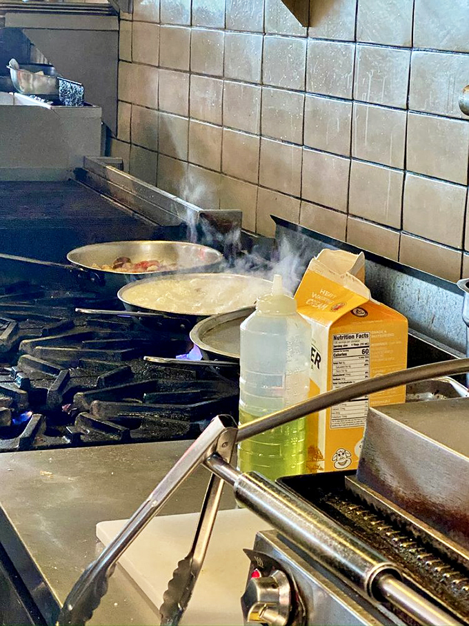 Behind the scenes where chowder magic happens - steam rising like delicious smoke signals calling hungry souls.