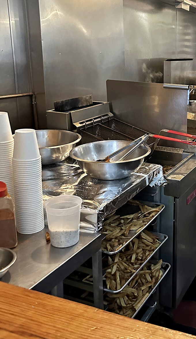 Behind the scenes where the magic happens &ndash; that griddle has seen more action than a Bruce Willis movie.