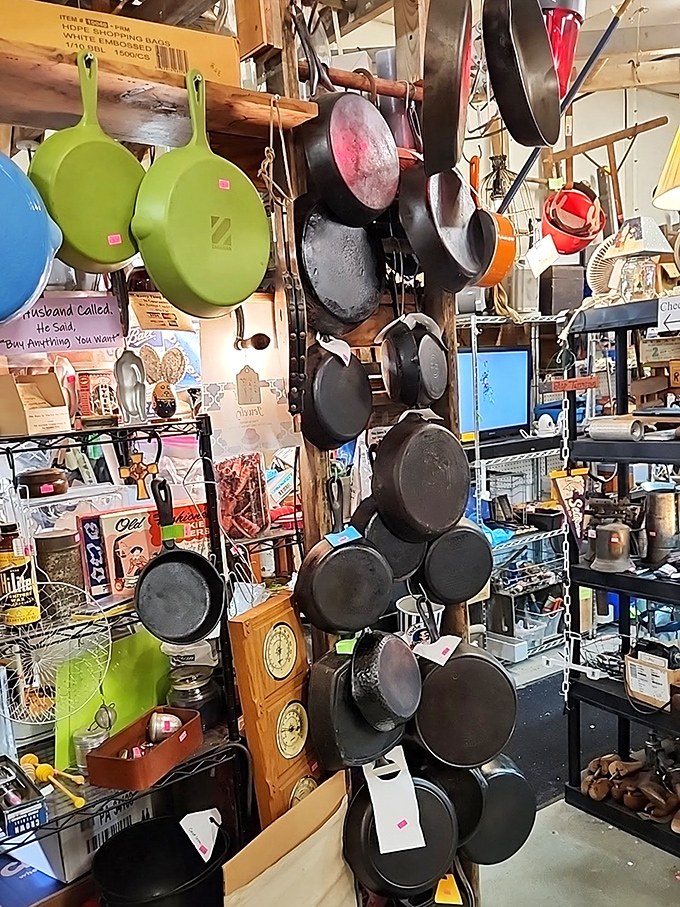 Cast iron pans hanging like dark medals of culinary honor &ndash; each one seasoned with decades of family dinners and Sunday morning pancakes.