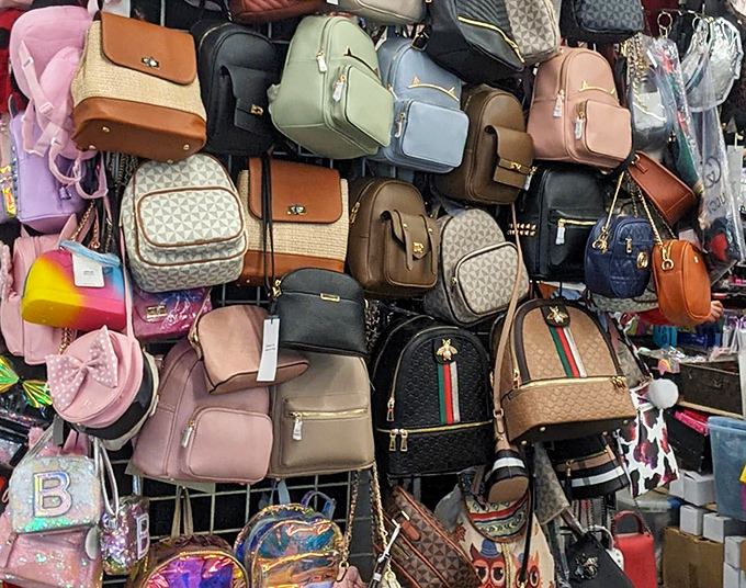 Handbag heaven exists, and it's right here. This kaleidoscope of purses in pastels and neutrals proves that accessorizing is serious business in Fontana.