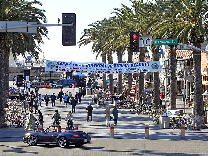 Main Street celebrating another trip around the sun, because even beach towns deserve birthday parties with banners.