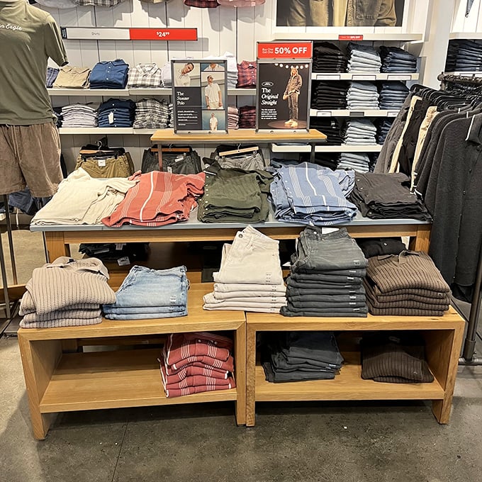 Men's clothing sections organized with military precision, making wardrobe updates surprisingly simple and affordable.