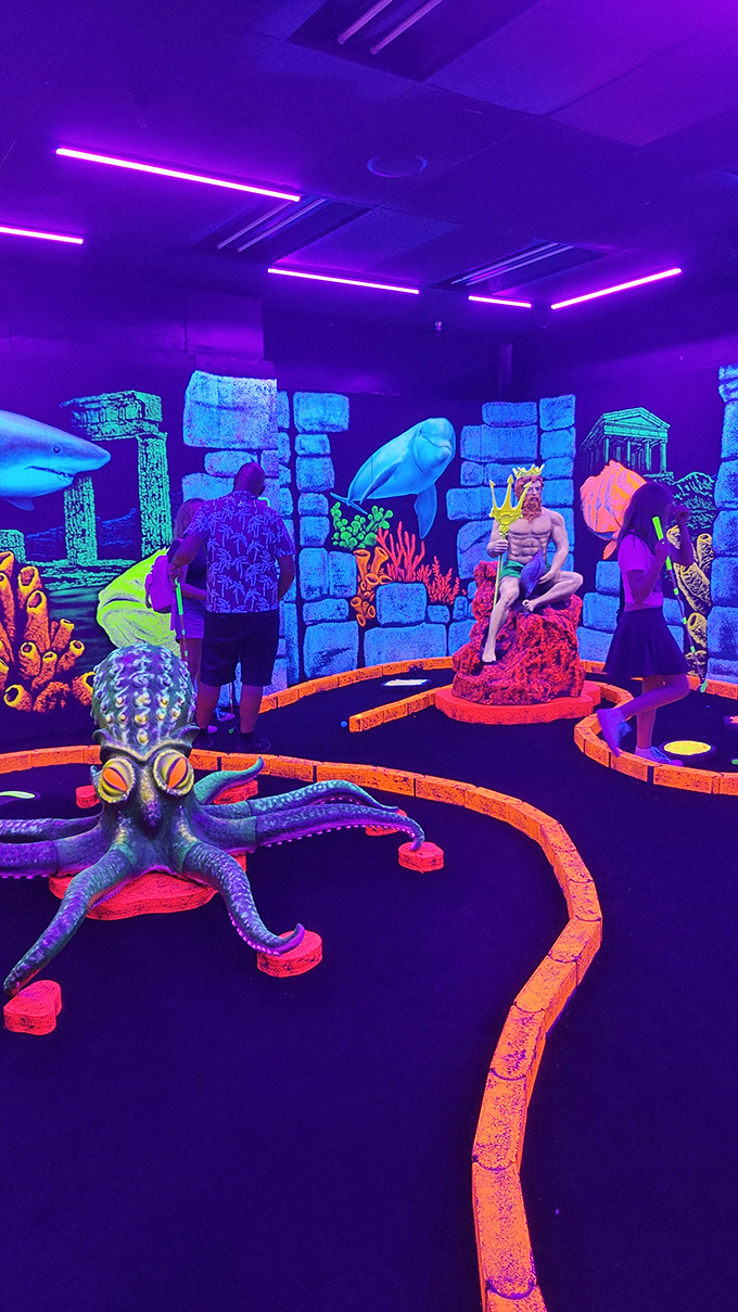 Mini golf gets a neon makeover that transforms putting into an otherworldly adventure through glowing obstacles.