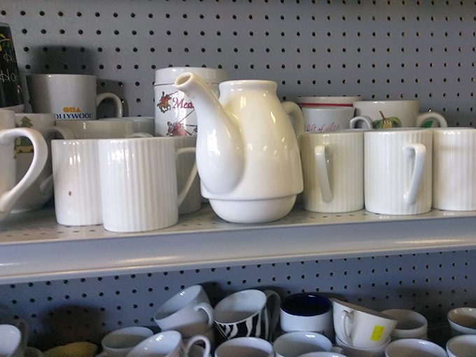 Coffee mugs: the autobiography of American life. Each one a souvenir from someone's vacation, workplace, or phase they've outgrown.