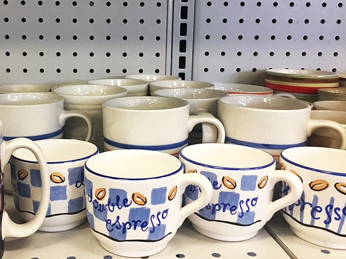Coffee mugs with personality to spare. These blue espresso cups have likely witnessed more morning revelations than most therapists.