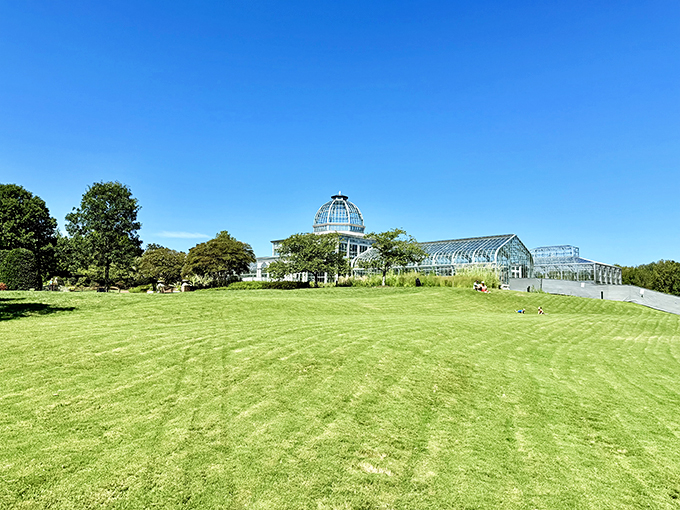 A perfectly maintained lawn leads visitors toward the glass cathedral of plants. Even the grass here seems happier than average.