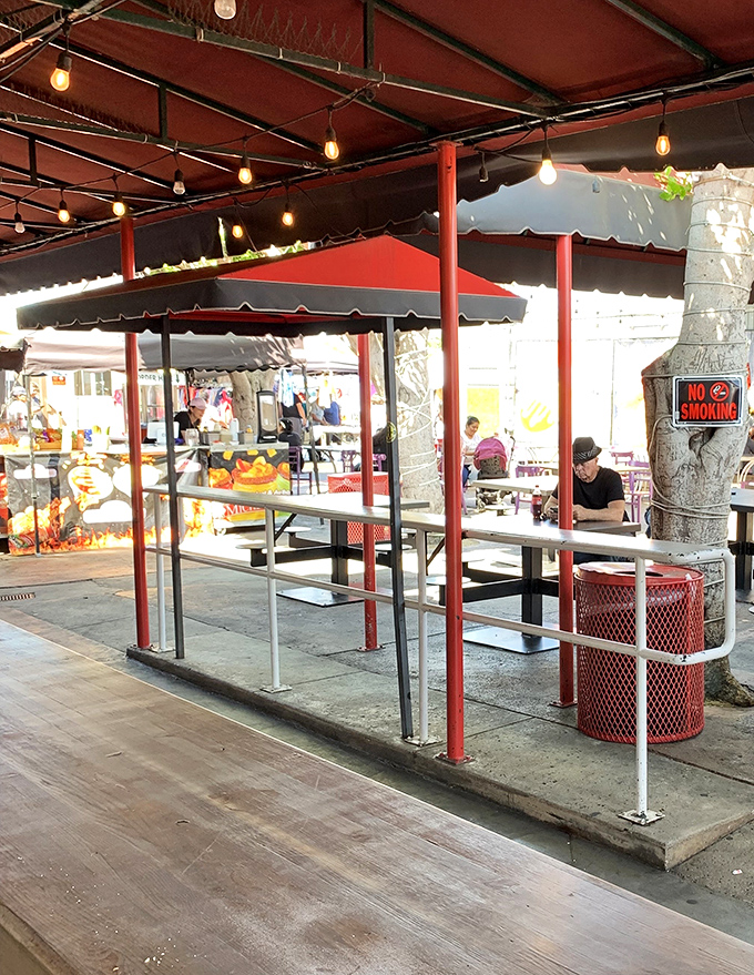 Covered seating areas provide welcome shade for refueling between your epic treasure hunting sessions.