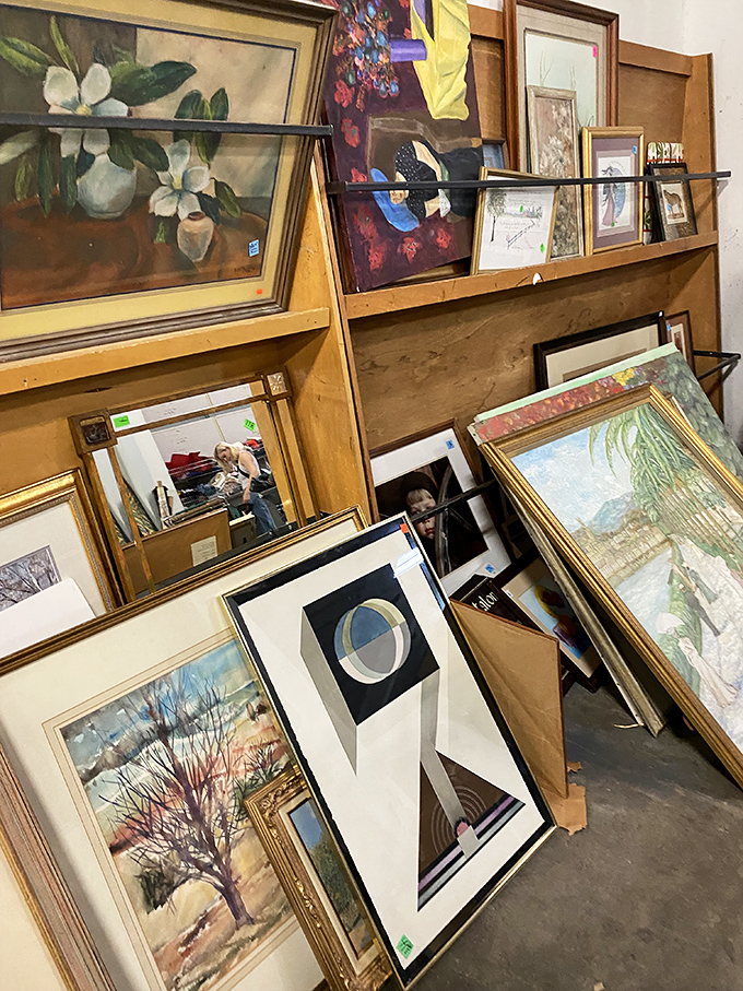 Framed artwork awaits new walls to grace, offering instant sophistication for the price of a fancy coffee drink.