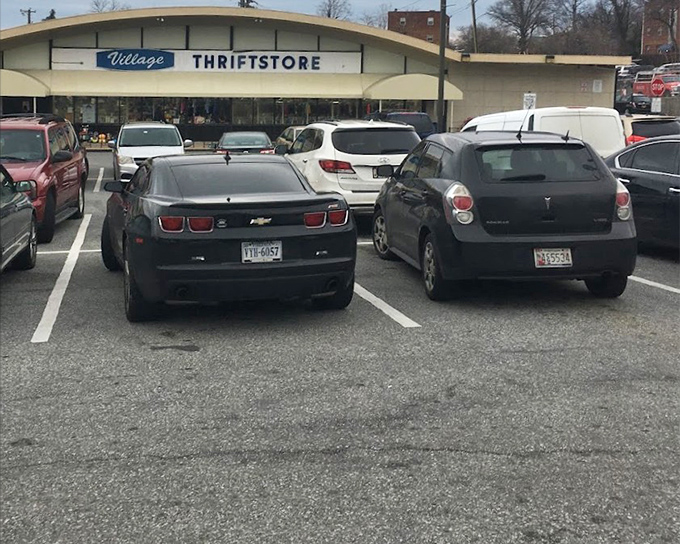 The parking lot—first challenge of the thrifting Olympics. Pro tip: The fuller it is, the better the treasures waiting inside.