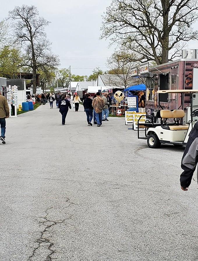 The path of possibilities stretches before eager shoppers, flanked by vendors offering everything from homemade treats to vintage treasures under the watchful gaze of Ohio skies.
